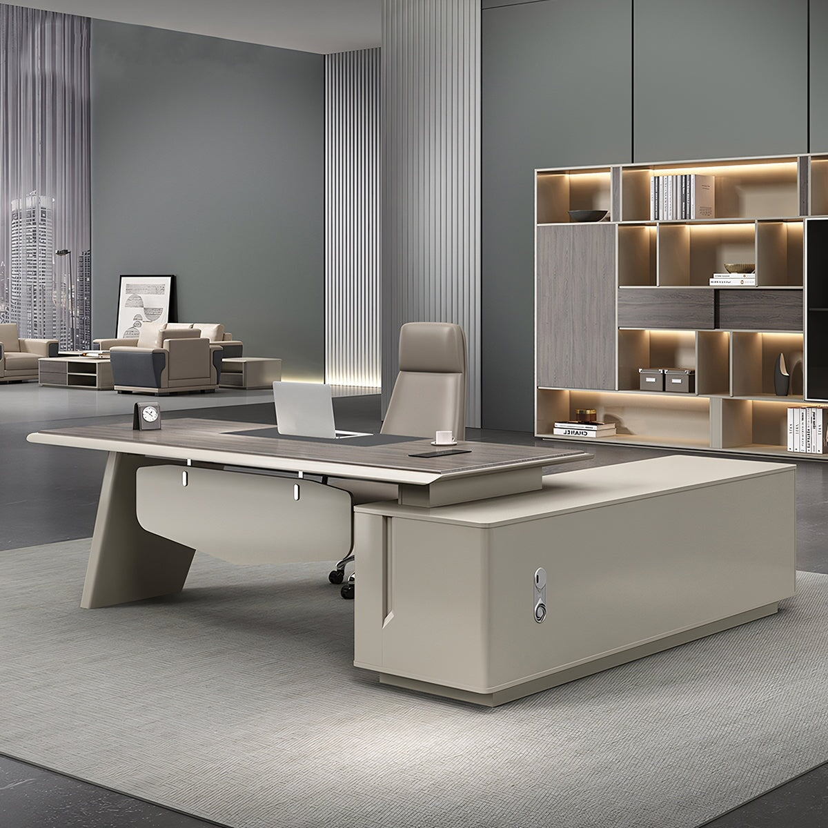 Luxury Large Executive Desks with Credenza and Double-layer Desktop LB