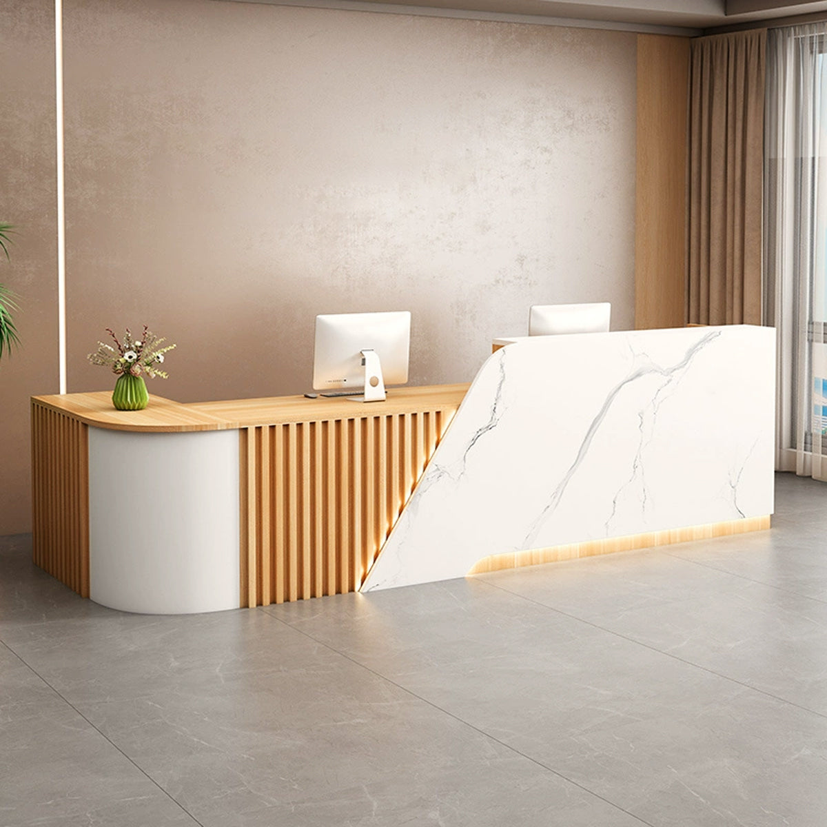 Salon Reception Desk 63-94 in Wide with Keyboard Tray, Lockable & Marb