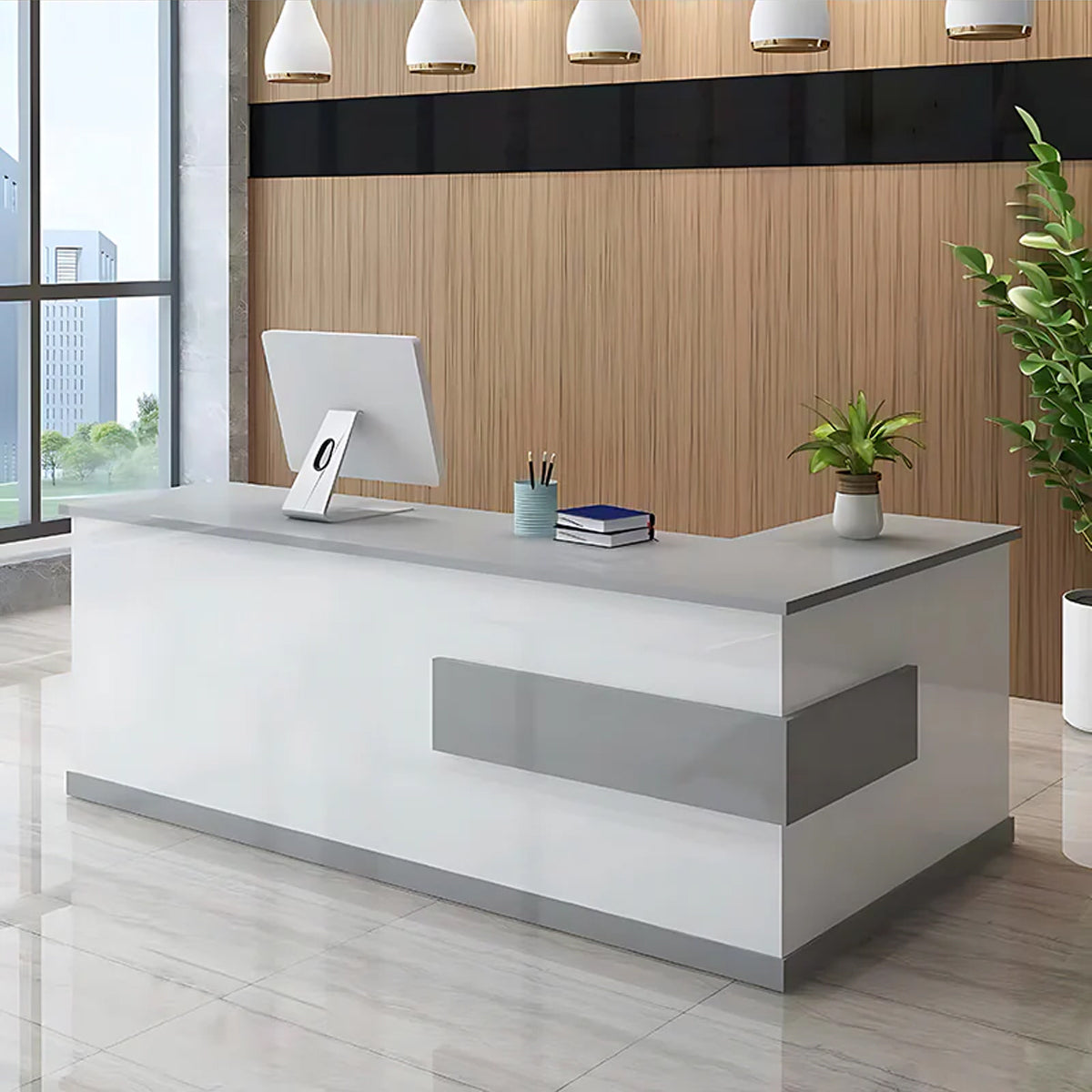 Modern and Sleek Luxurious L-Shaped Reception Front Desk with Thick De